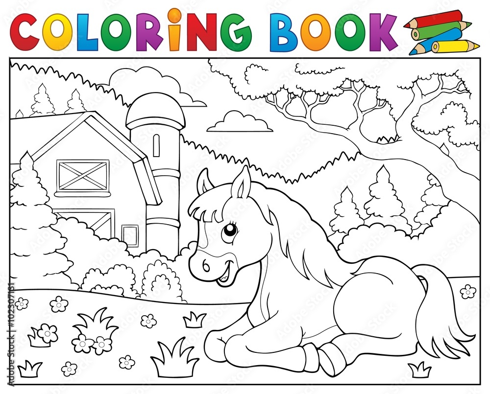 Coloring book horse near farm theme 2 Stock Vector | Adobe Stock