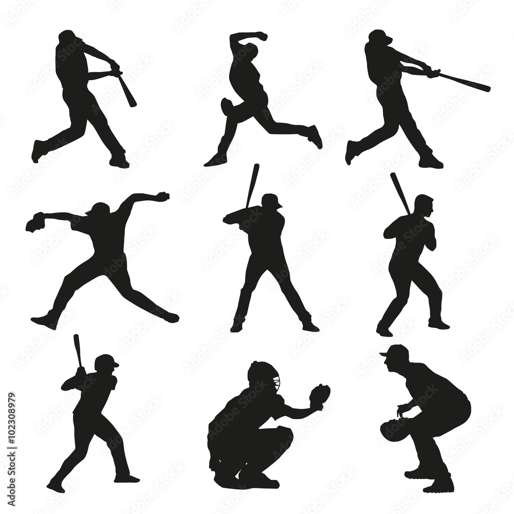 Vetor do Stock: Set of baseball players silhouettes. Batter, catcher ...