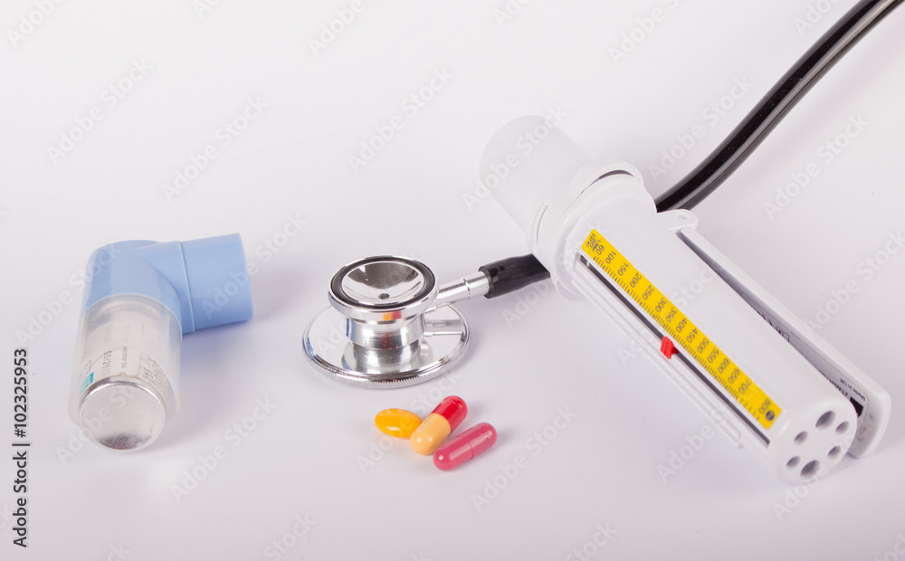 Asthma inhaler, peak flow meter, drugs and stethoscope Stock Photo ...