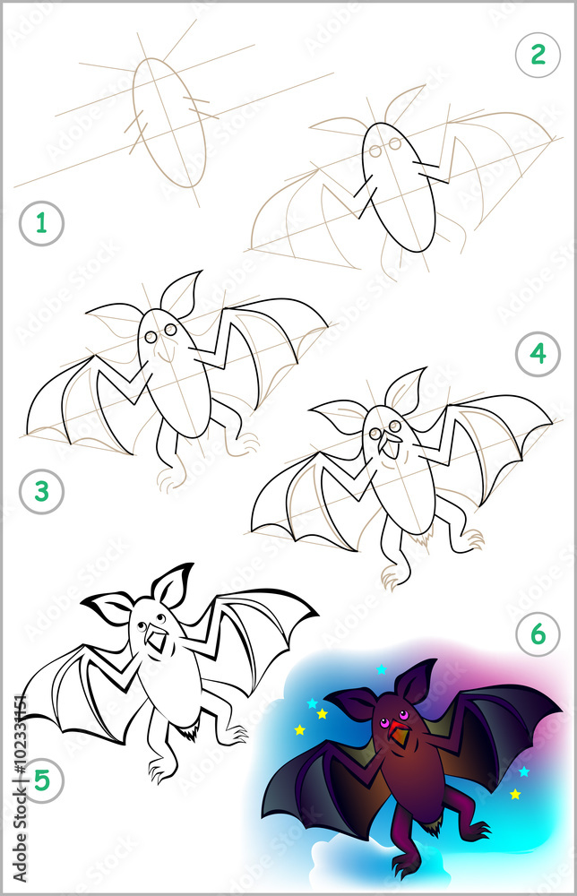 Page shows how to learn step by step to draw a bat. Developing children ...