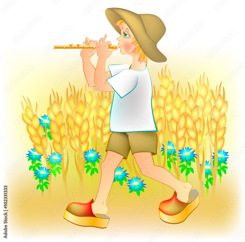 Illustration of little boy playing the pipe, vector cartoon image ...