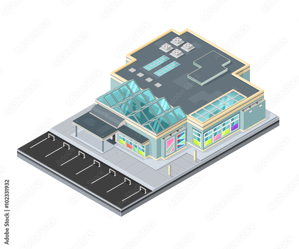 A vector illustration of a modern shopping mall icon. Isometric ...