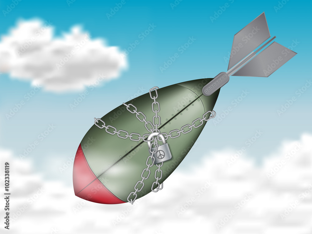 Vector illustration bomb falling from sky with peace symbol on chain ...