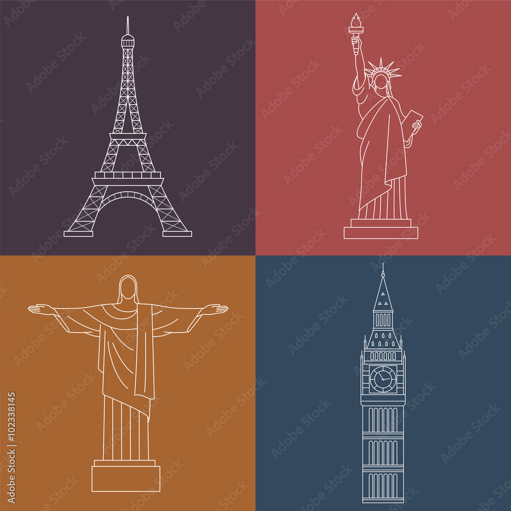 World Landmarks Statue of liberty, Eiffel Tower, Christ the Redeemer ...