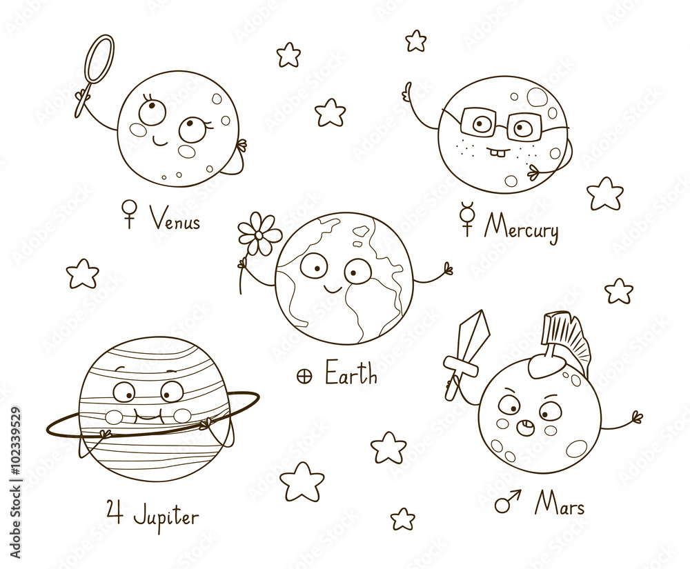 Cute cartoon planets for coloring book Stock Vector | Adobe Stock