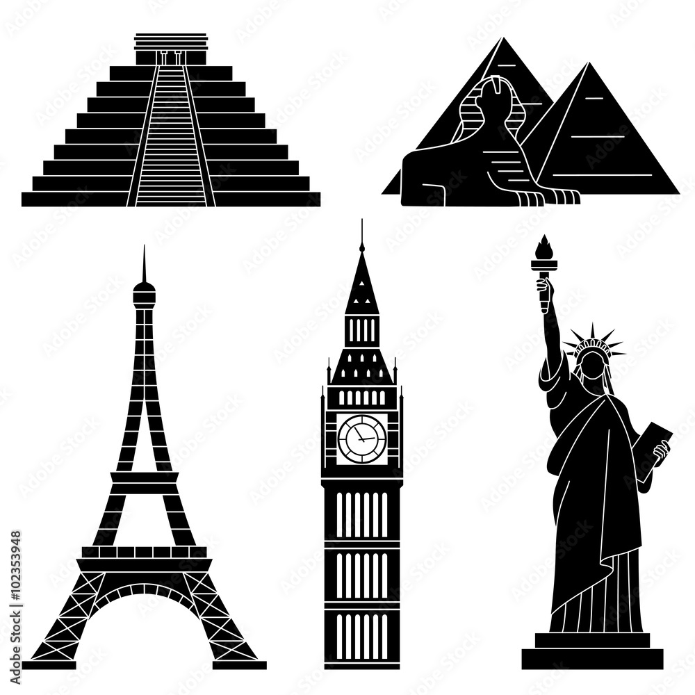 Poster World Landmarks, Eiffel Tower, Statue of liberty,Chichen Itza ...