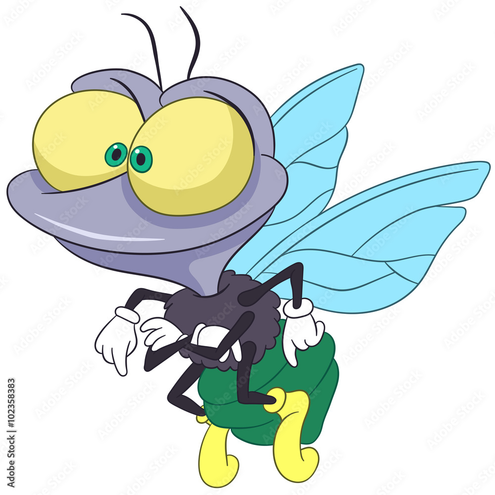 cute and funny little cartoon fly insect (house-fly) with folded hands ...
