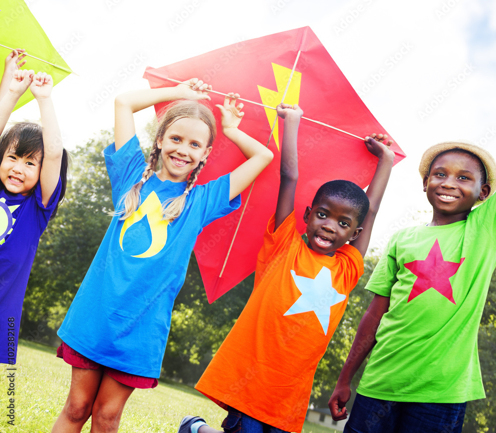 Children Flying Kite Playful Friendship Concept Stock Photo | Adobe Stock