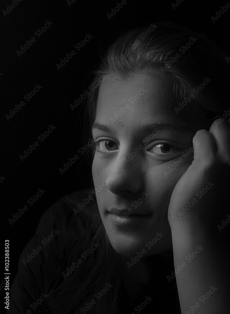 Beautiful girl closeup B&W low-key portrait Stock Photo | Adobe Stock