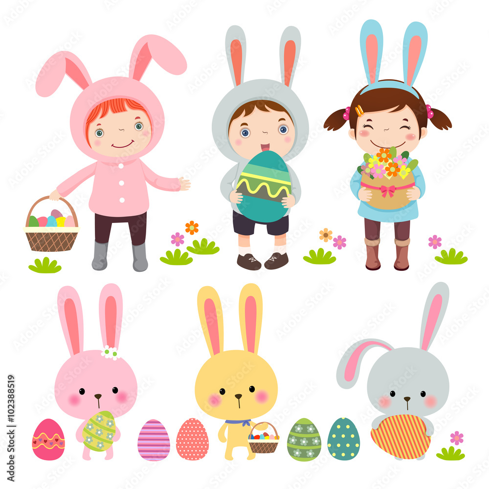 Vector set of characters and icons on the Easter theme in cartoo Stock ...