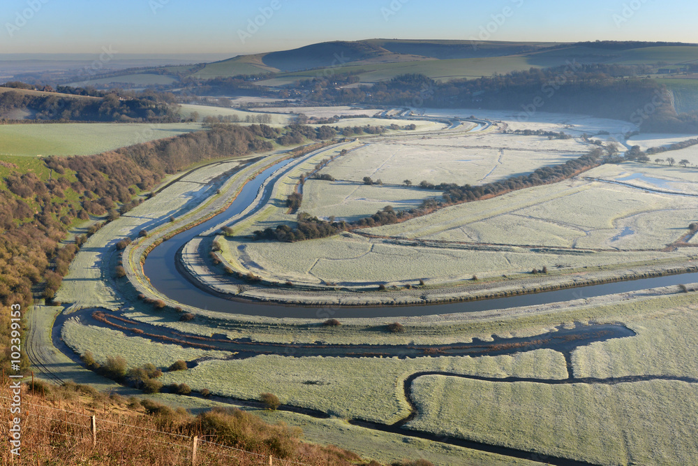 Cuckmere valley, South Downs National Park, UK, on a frosty morning ...