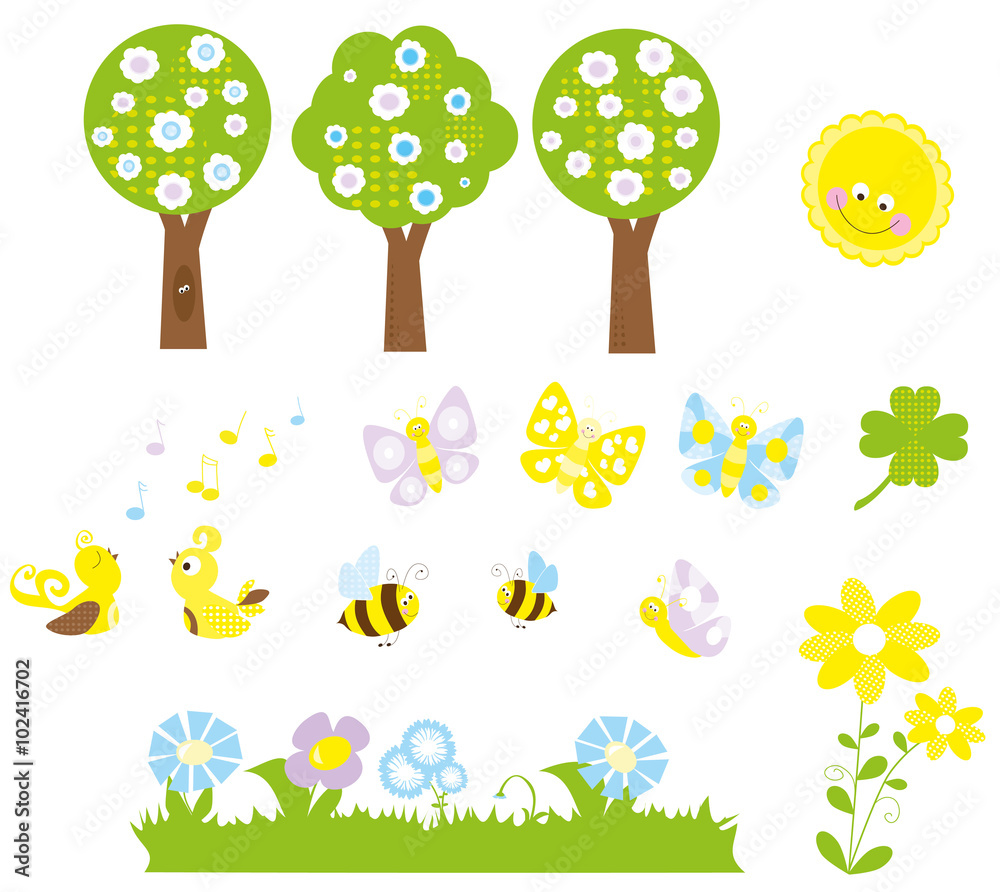 Spring collection of cute cartoon nature elements with: sun, bloomig ...