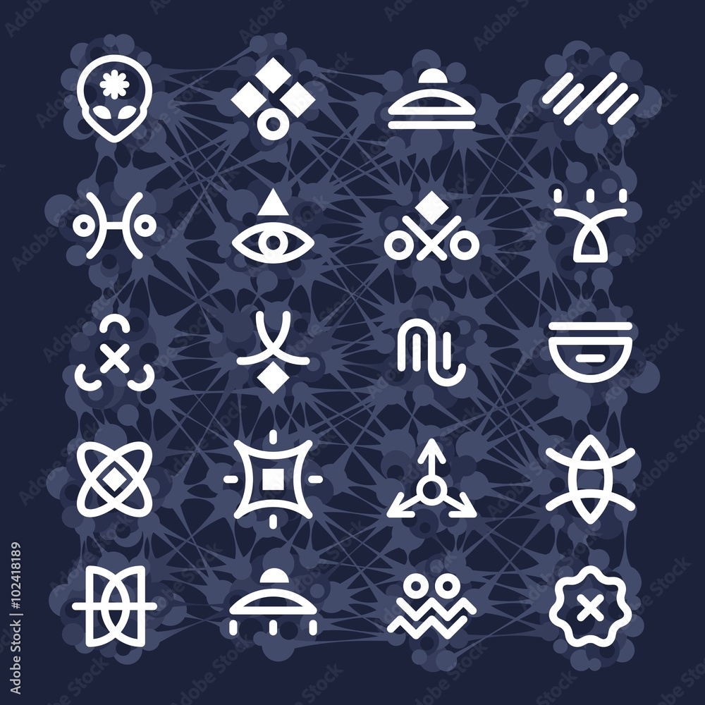 Alien Hieroglyphs. Set of 20 abstract pictograms on the subject of 'Extraterrestrial ...