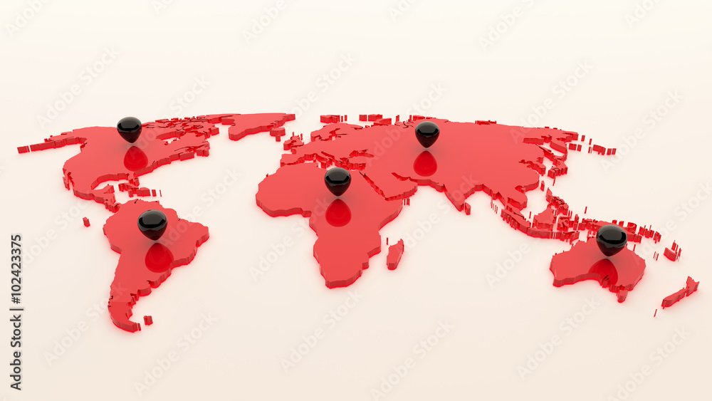 3d World red map with black pins Stock Illustration | Adobe Stock