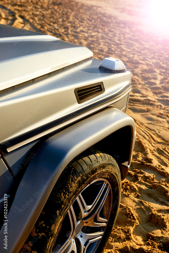 Detail of modern off-road luxury car details: fender and wheel Stock ...