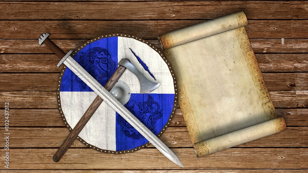 viking shield, sword, axe and parchment scroll on wooden floor Stock ...
