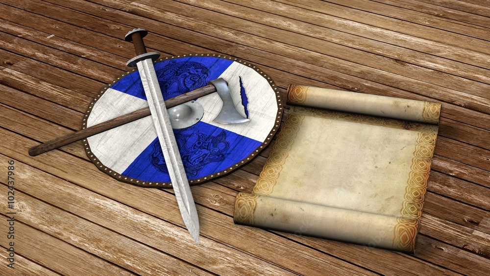 viking shield, sword, axe and parchment scroll on wooden floor Stock ...