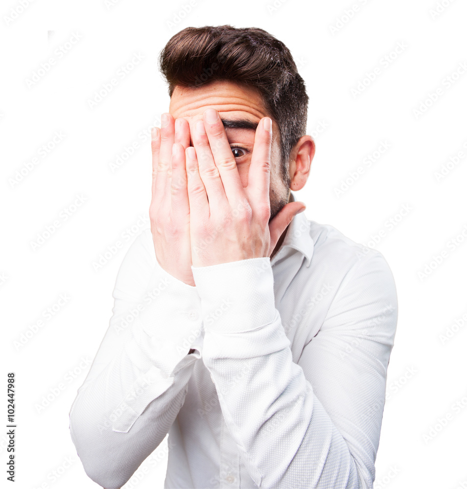 young man scared on white Stock-Foto | Adobe Stock