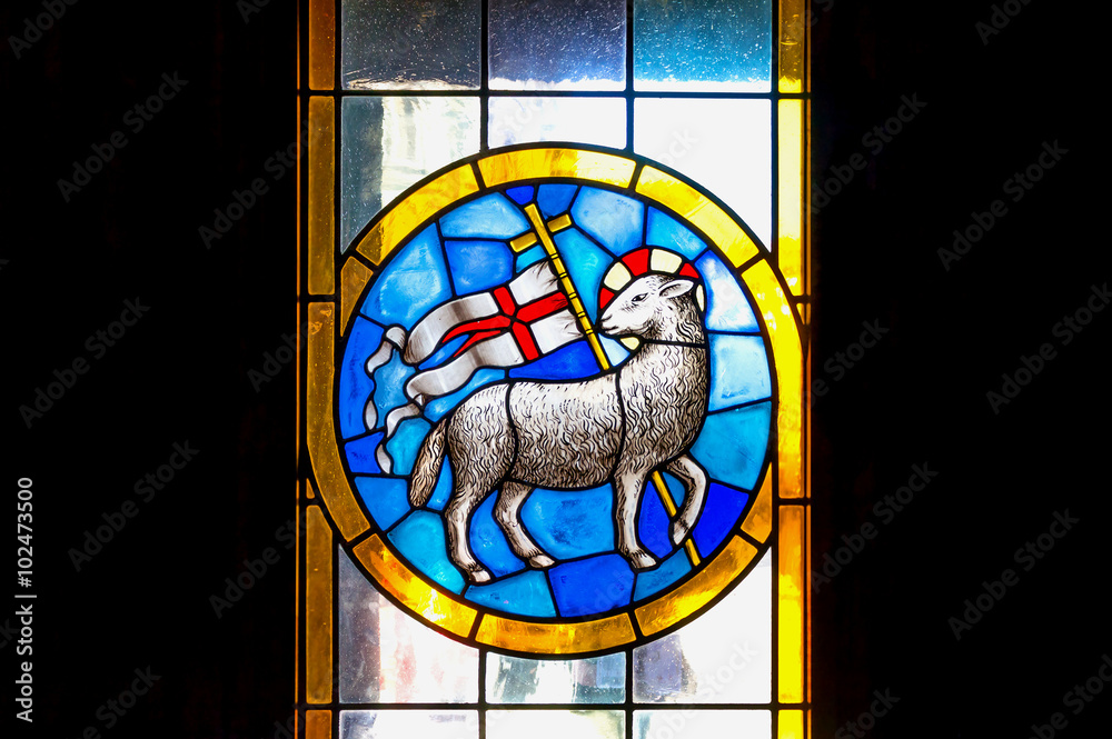 The Lamb of God. Stained glass church window detail. Stock Photo ...