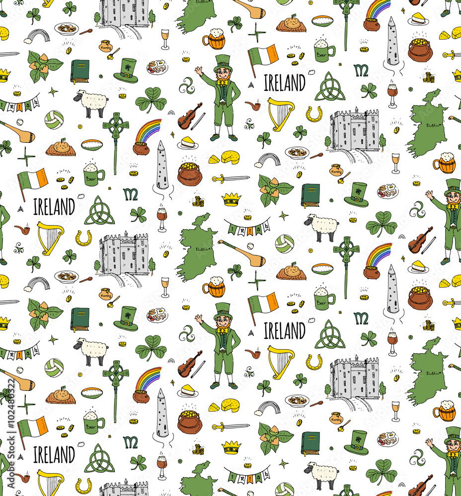 Seamless background hand drawn doodle Ireland set Vector Travel ...