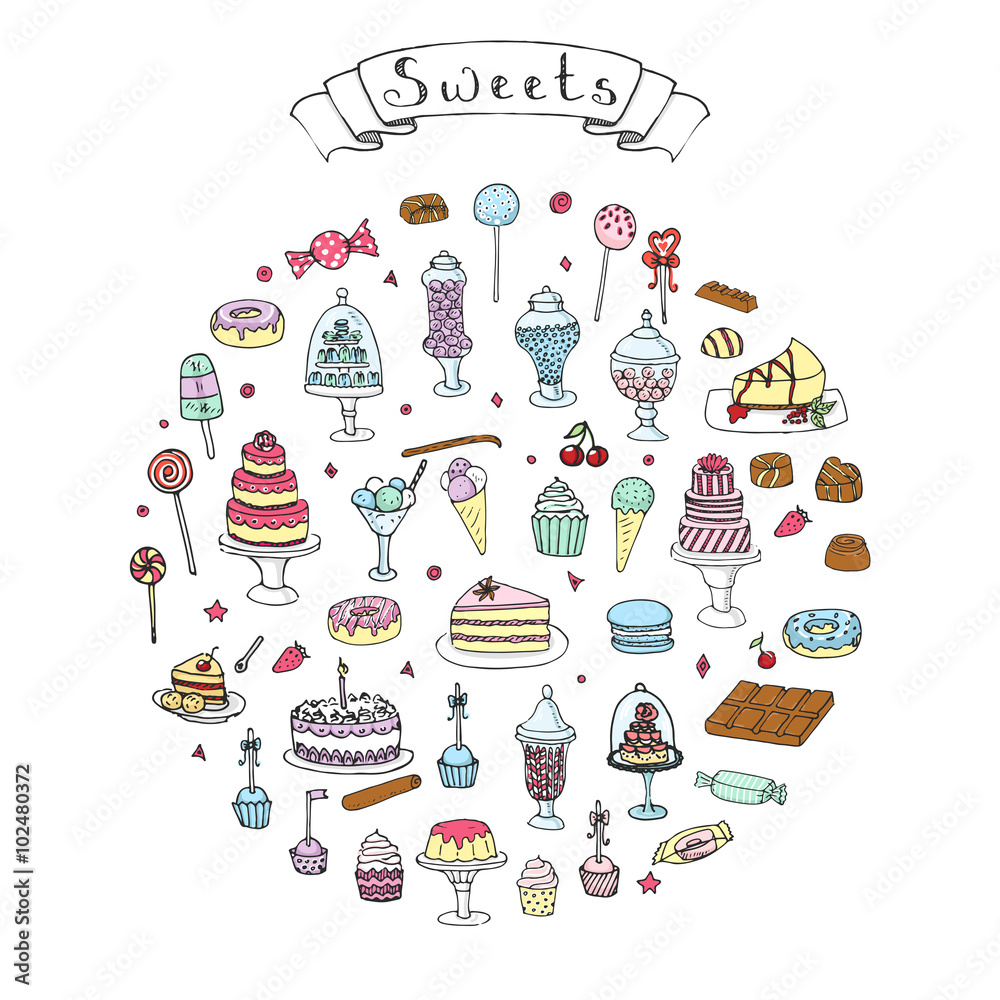 Hand drawn doodle Sweets set Vector illustration Sketchy Sweet food ...