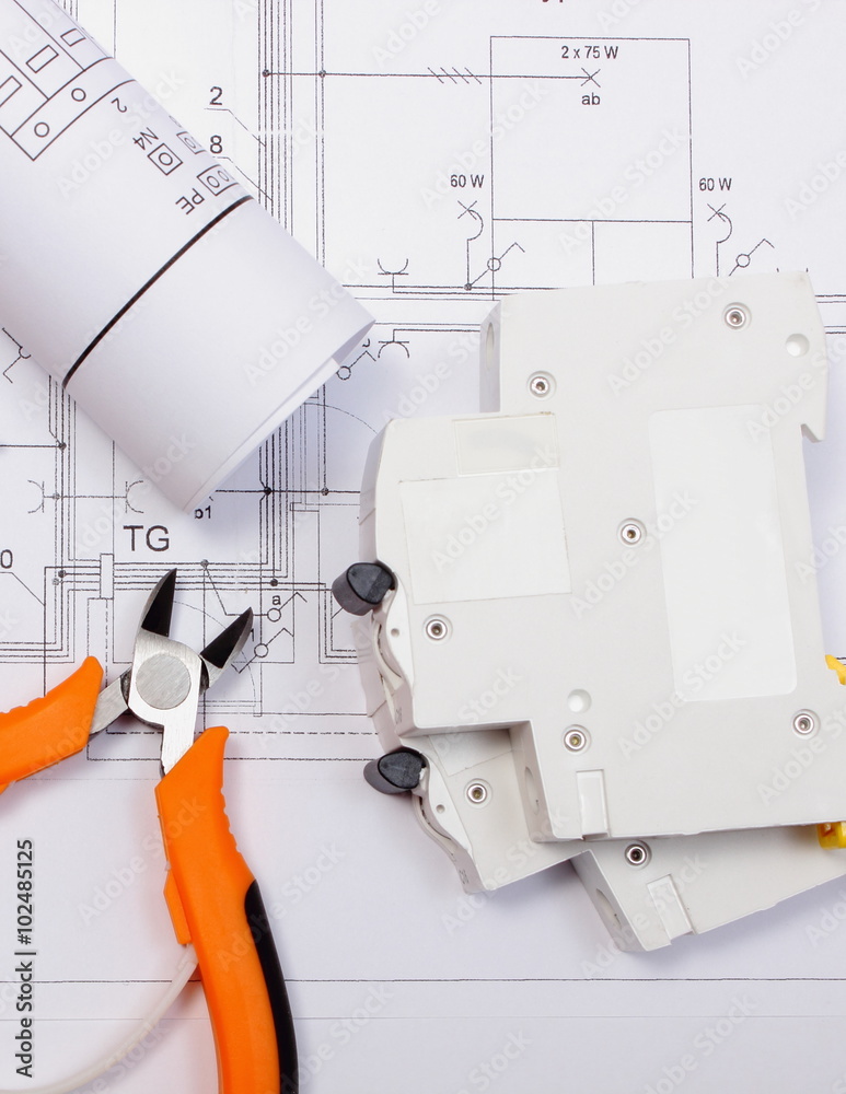 Electrical diagrams, electric fuse and work tools on drawing Stock ...