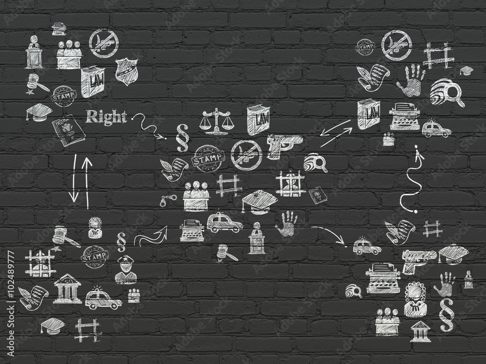 Grunge background: Black Brick wall texture with Hand Drawn Law Icons ...