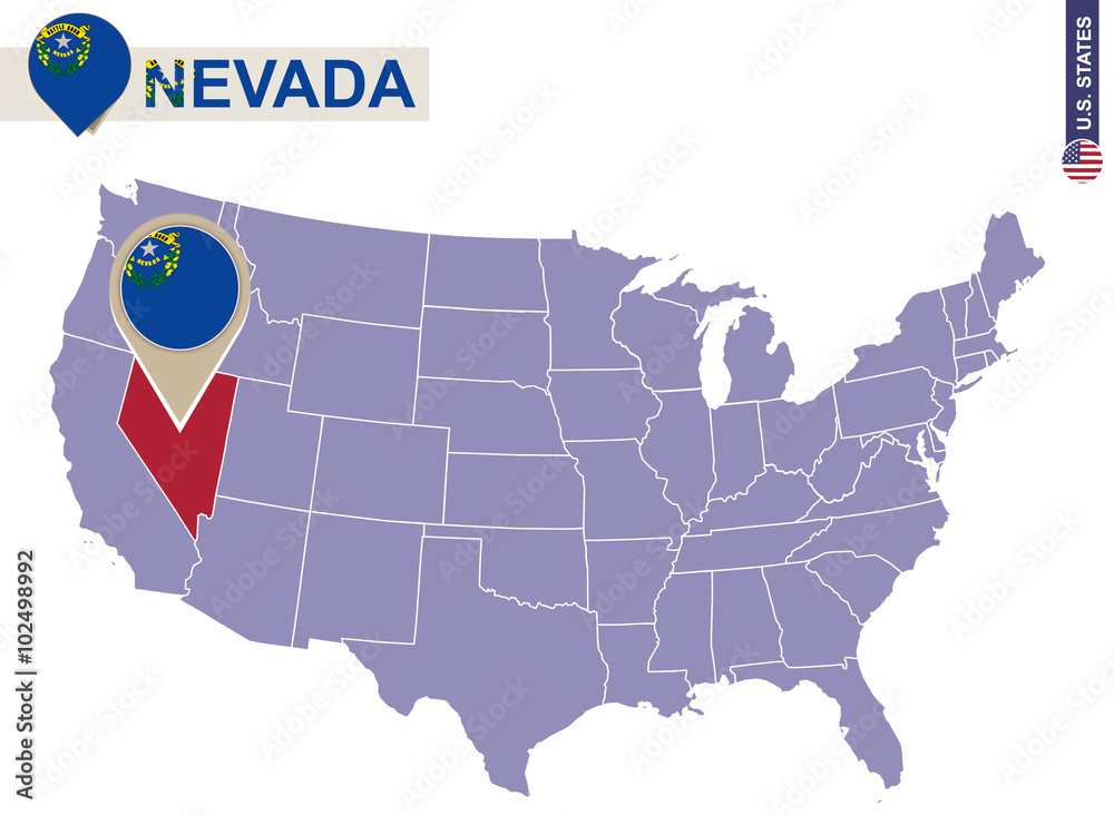 Nevada State on USA Map. Nevada flag and map. Stock Vector | Adobe Stock