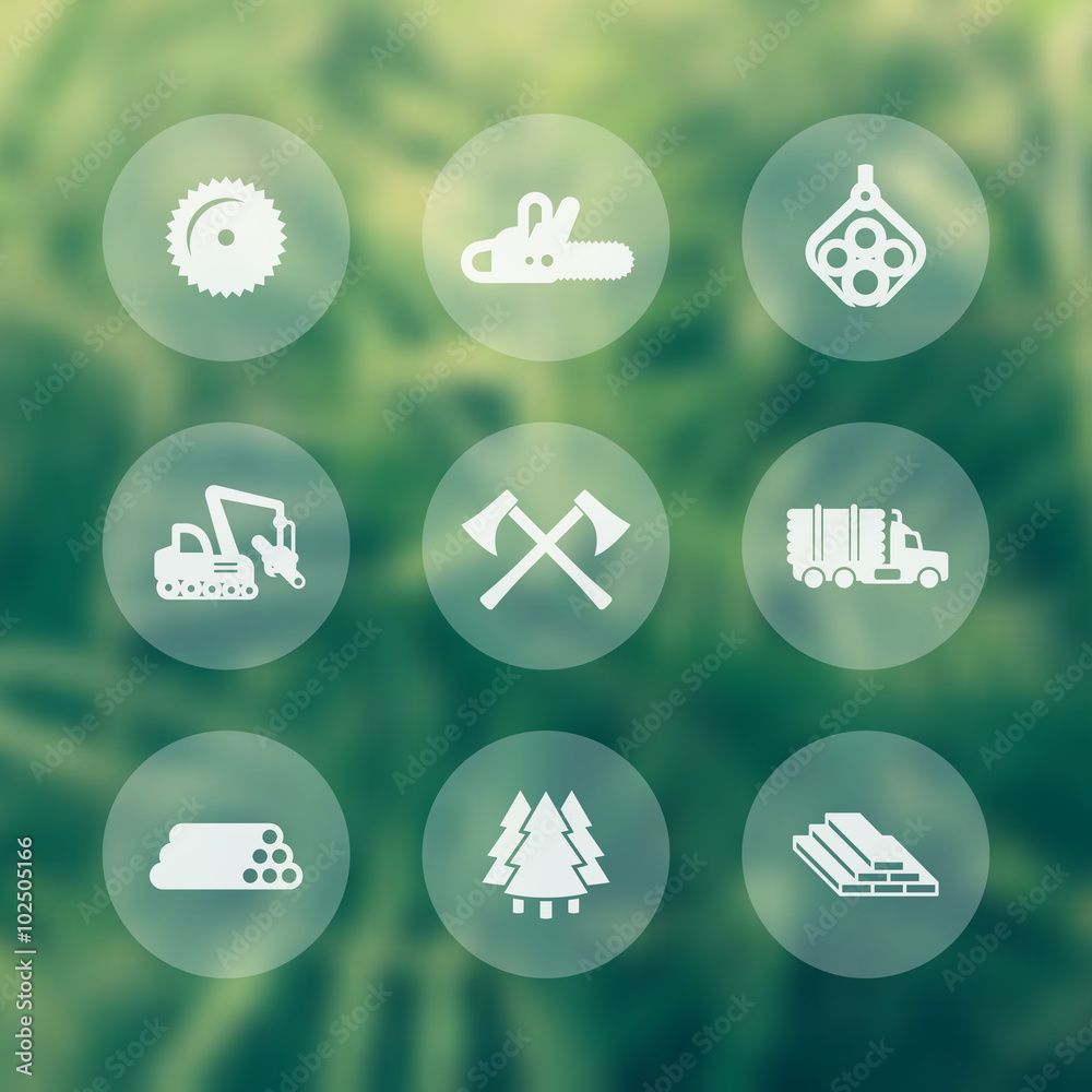 Vetor de Logging, forestry equipment transparent icons, sawmill ...