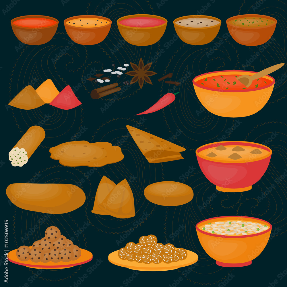 Vedic Indian cuisine, set of vegetarian healthy food Stock Vector ...