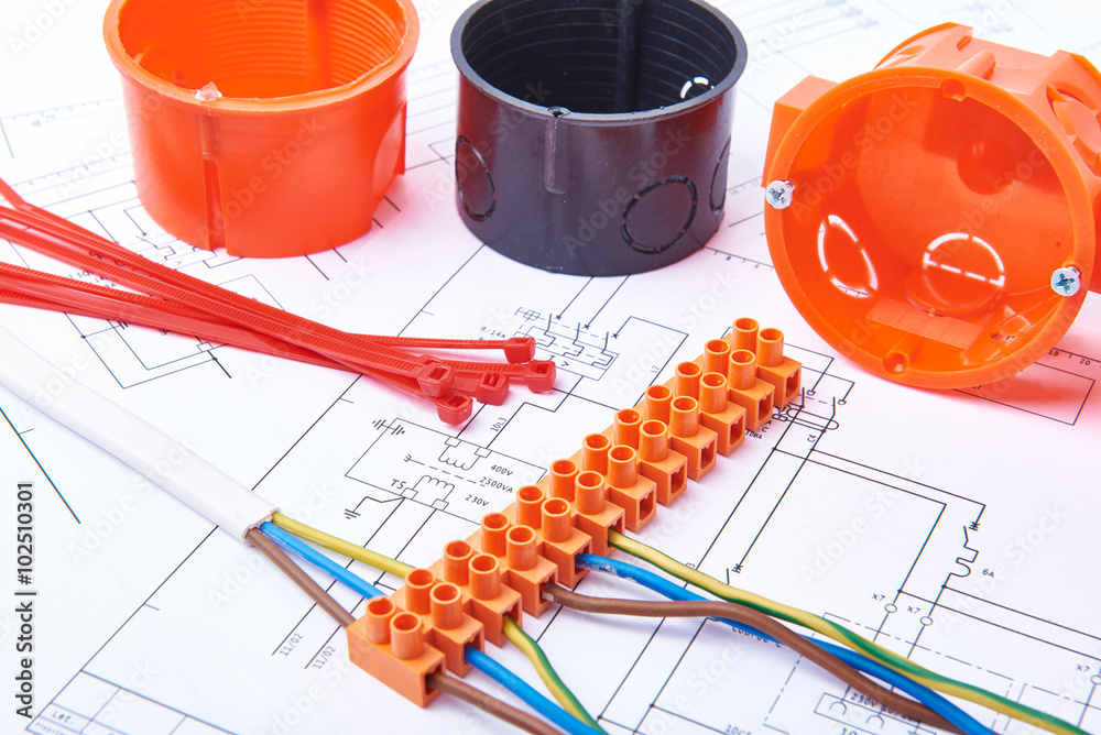 Electrical connectors with wires, junction box and different materials ...
