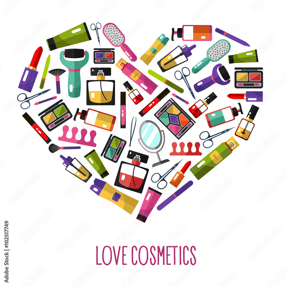 Vector flat style icons of cosmetics, beauty and makeup design elements ...