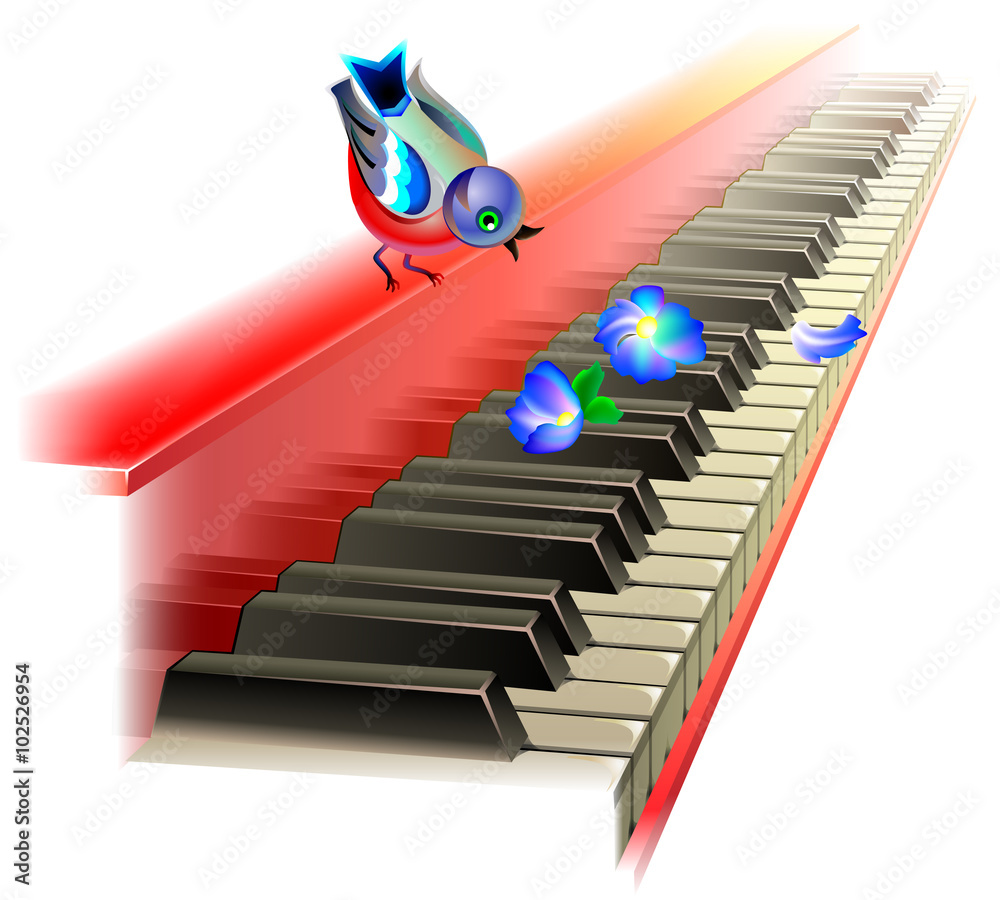 Illustration of little bird sitting on grand piano, vector cartoon ...