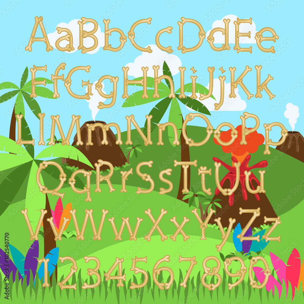 Dinosaur Bone Alphabet in Vector Format with a Prehistoric Background ...