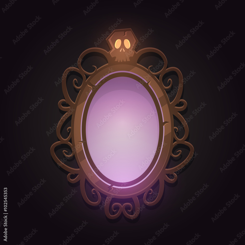 Cartoon illustration of the creepy retro mirror with skull. Stock ...