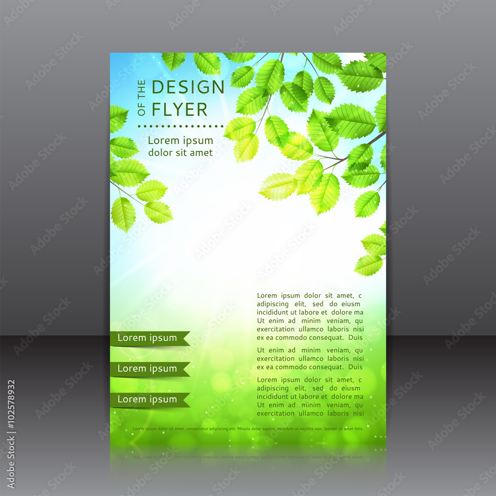 Vector design of the flyer with leaves and sun. Vector spring day ...