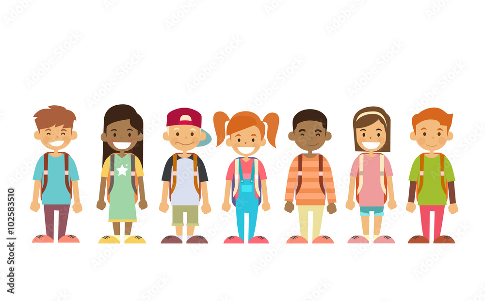 School Children Group Standing In Line Stock Vector | Adobe Stock