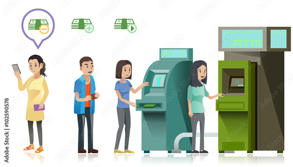 people are lining up to use ATM machine at supermarket. Women does have ...