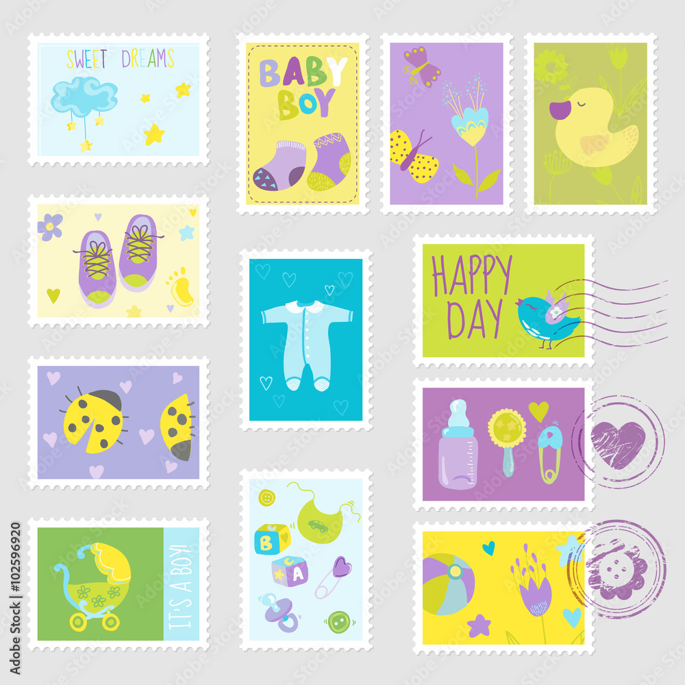 Baby Boy Stamps Design Elements - for design and scrapbook Stock Vector ...