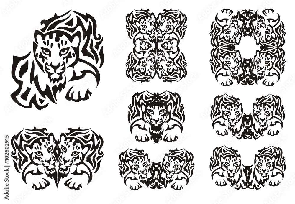 Tribal leopard symbols. Set of the double flaming symbols of the head ...