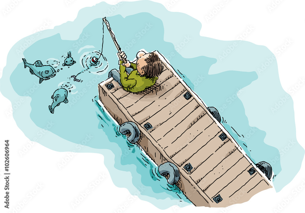 Cartoon illustration of a single man sitting and fishing on a long ...