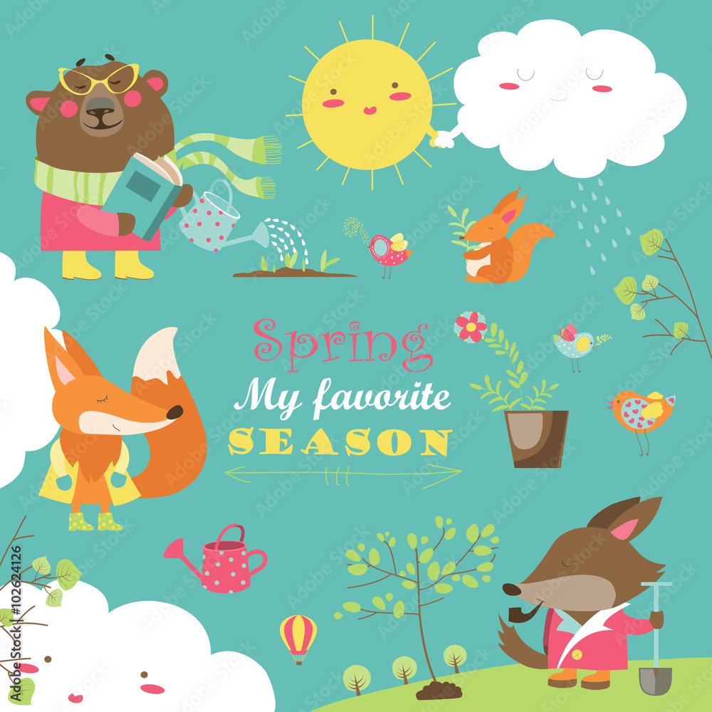 Set of cartoon characters and spring elements Stock Vector | Adobe Stock