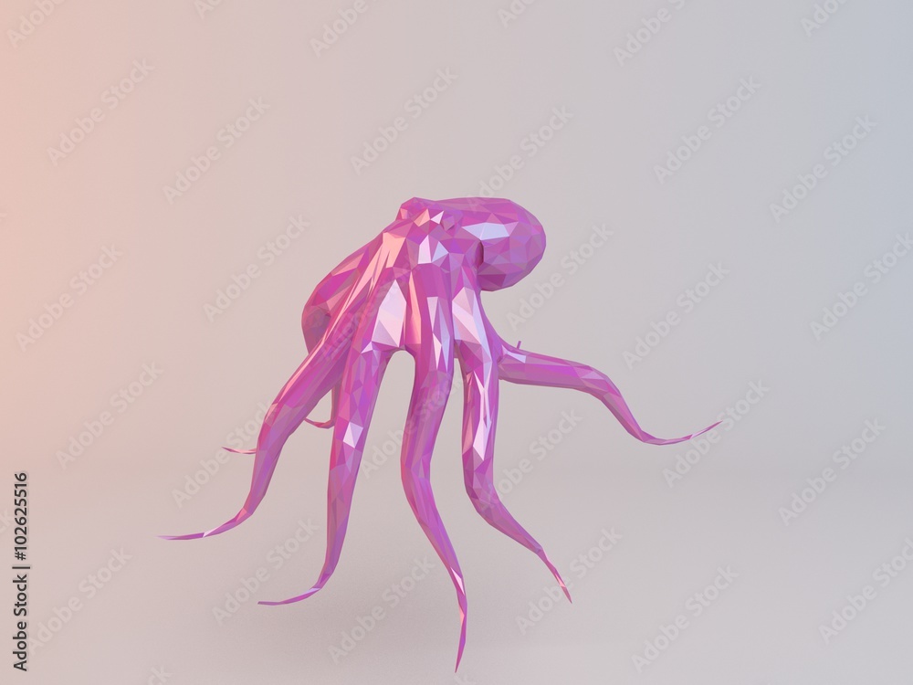 3D pink low poly (octopus) inside a white stage with high render ...