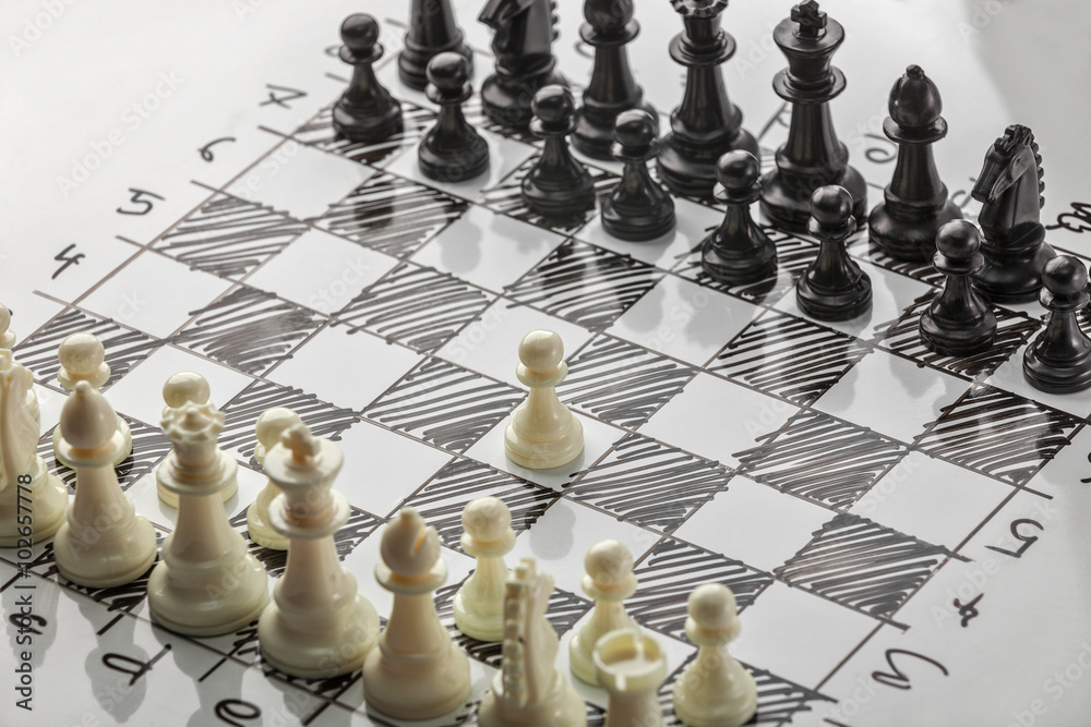 Chess. Whites are starting. White board with chess figures on it. Plan ...