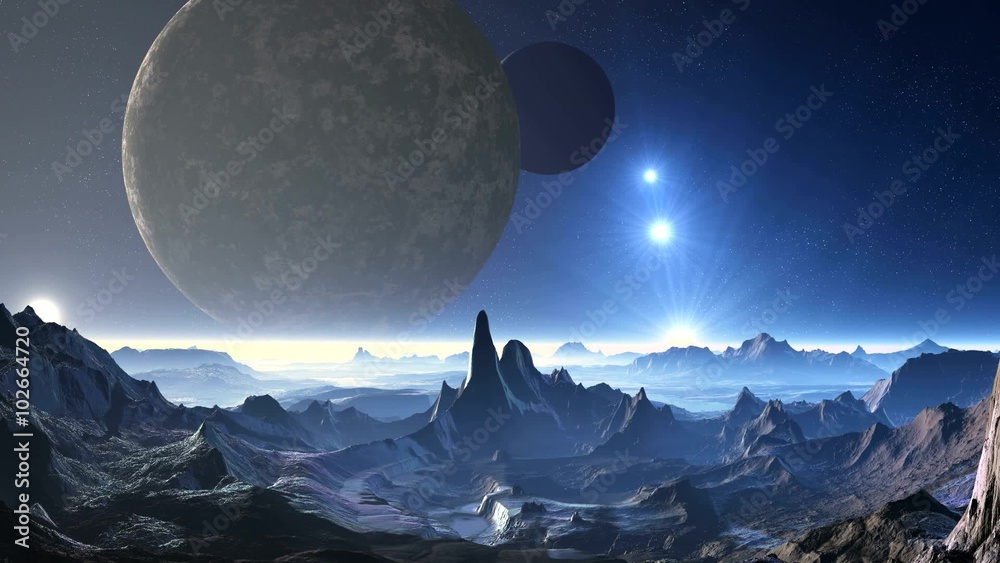 Planet aliens, two moons and UFO. The starry night sky two planets ...