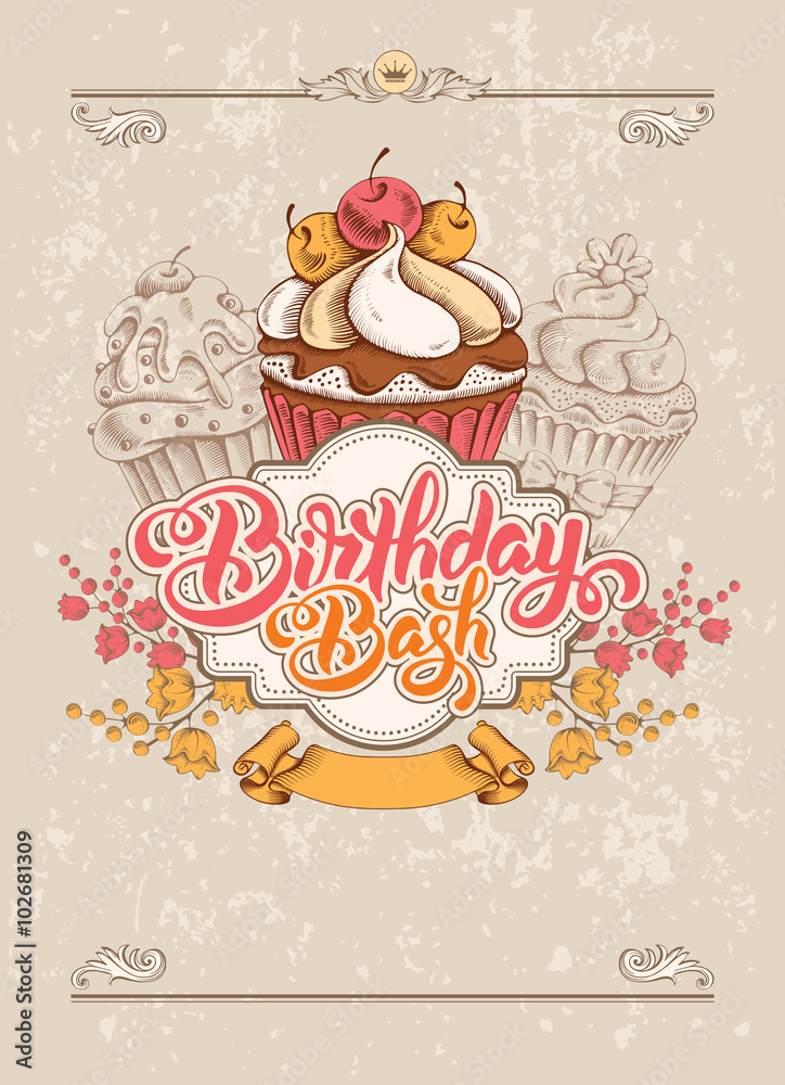 Invitation Card to Birthday Bash Party with Calligraphic Lettering ...