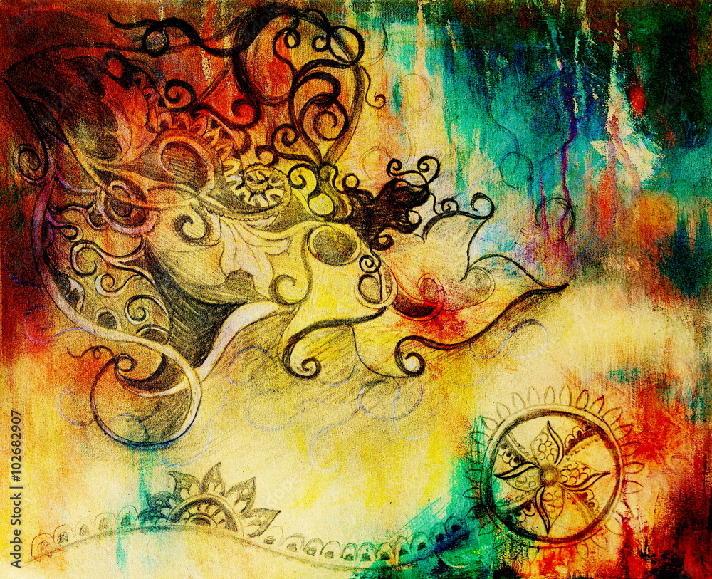 Beautiful Ornament, pencil drawing on old paper. And color spots on ...