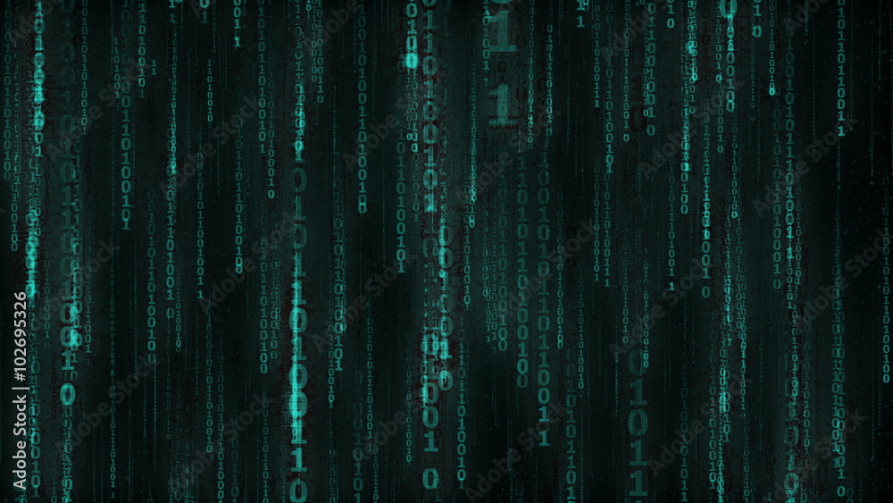 cyberspace with blue and dark digital falling lines, binary hanging chain, abstract animated ...