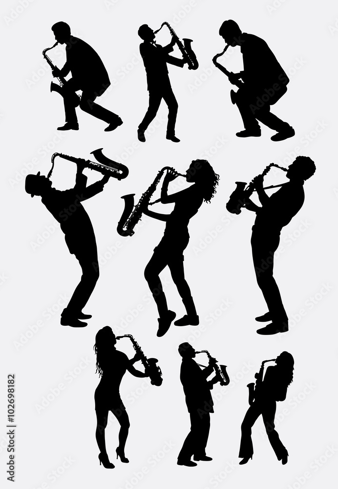 Saxophone instrument player silhouette. Male and female saxophonist ...