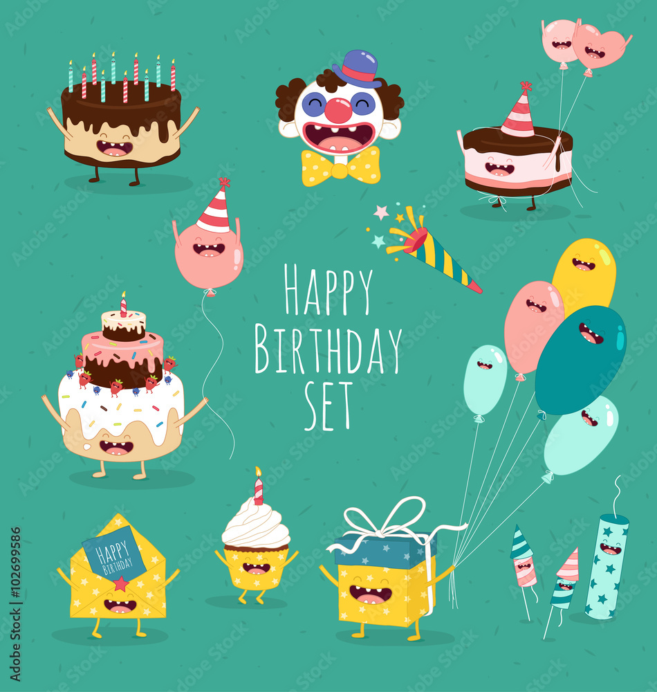 Funny birthday set. Birthday cake, invitation, clown, balloons, gifts ...
